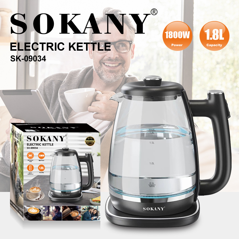 SOKANY Electric Kettle Coffee Kettle 1800W High Power Glass Kettle Fast ...
