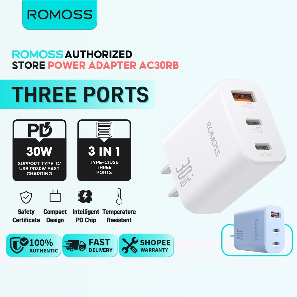 Romoss AC30R Series PD30W USB Type-C Fast Charger QC 4.0 PD 3.0 Three ...