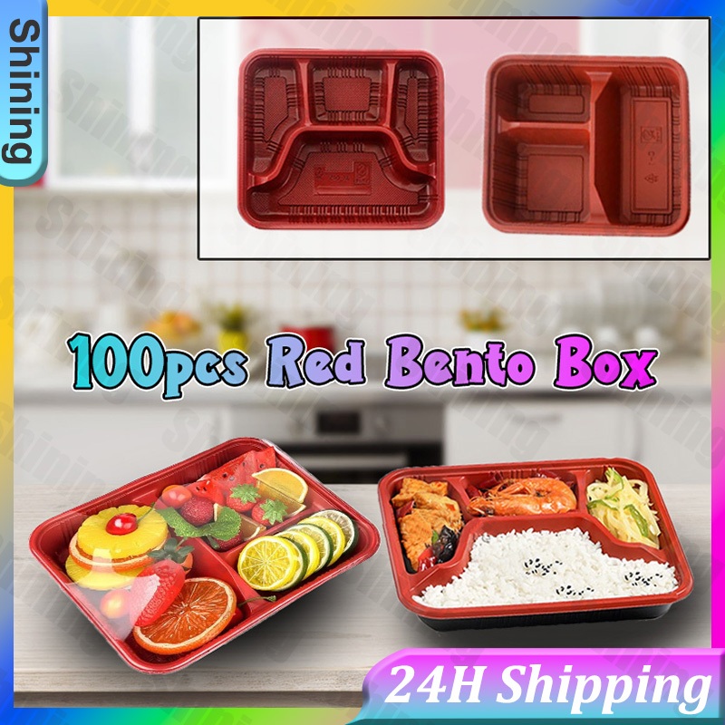 100PCS Red Bento Box With Lid 3/4 Grid Partition Takeaway Packaging Box ...