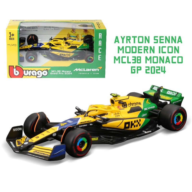 Bburago 1:43 Mclaren F1 MCL38 2024 Ayrton Senna Modern Icon Monaco GP #4 Lando Norris #81 ...