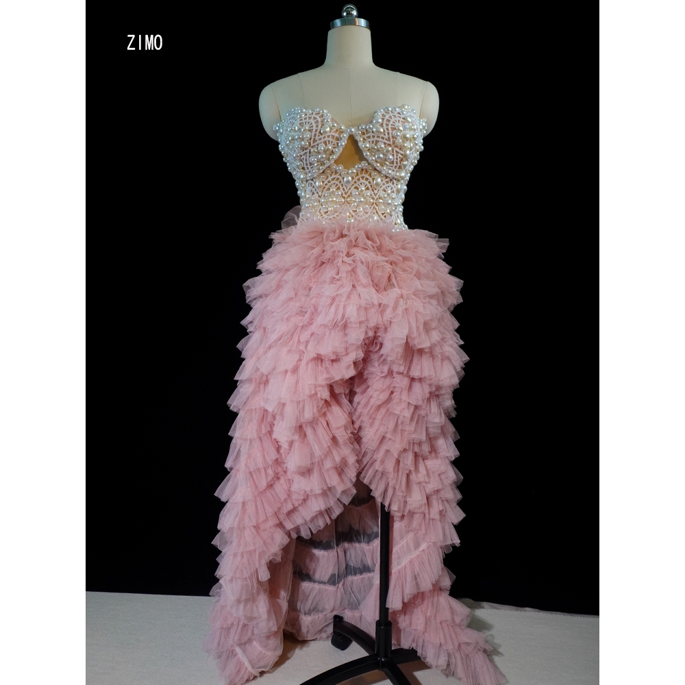 Pink pearl Gauze dress two-piece Singer club Prom birthday Party long ...