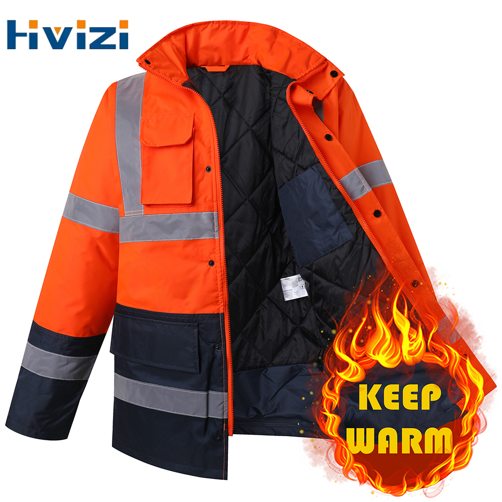 Orange Navy Winter Jacket Safety Warm Parka Jacket Thermal Workwear Men ...