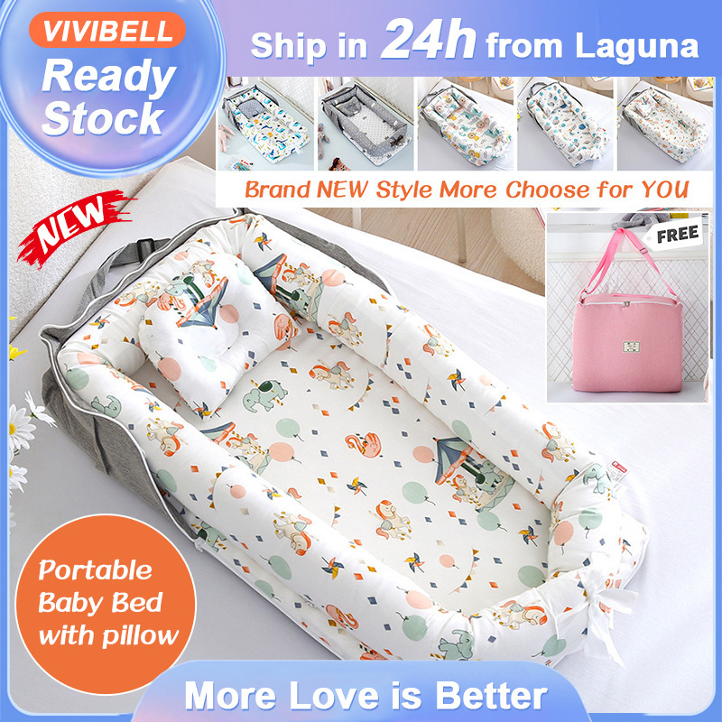 【Ship in 12h】Cotton Baby Bed with Pillow Foldable Crib Bed Travel ...