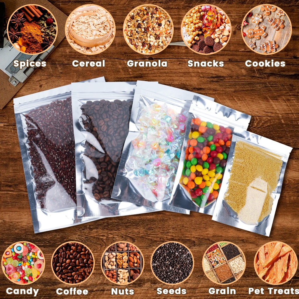 100Pcs Half-Silver Aluminum Ziplock Pouches – Clear Stand-Up Resealable Food Packaging Bags 500g ...