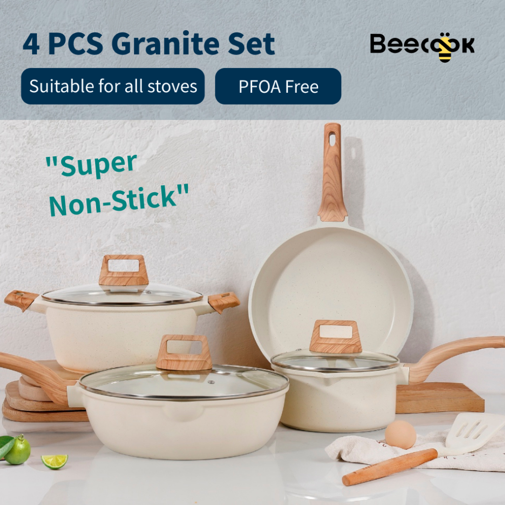 4Pcs Non Stick Granite Cookware Set Wok Milk Frying Pan Pot Saucepan ...