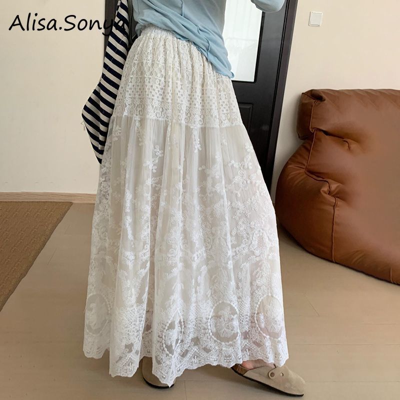 Alisa.Sonya Women's Embroidered Lace Maxi Skirt Crochet Mesh A Line ...