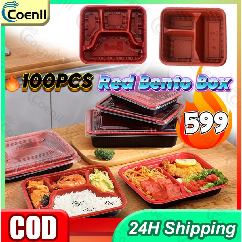 100PCS Red Bento Box With Lid 3/4 Grid Partition Takeaway Packaging Box ...