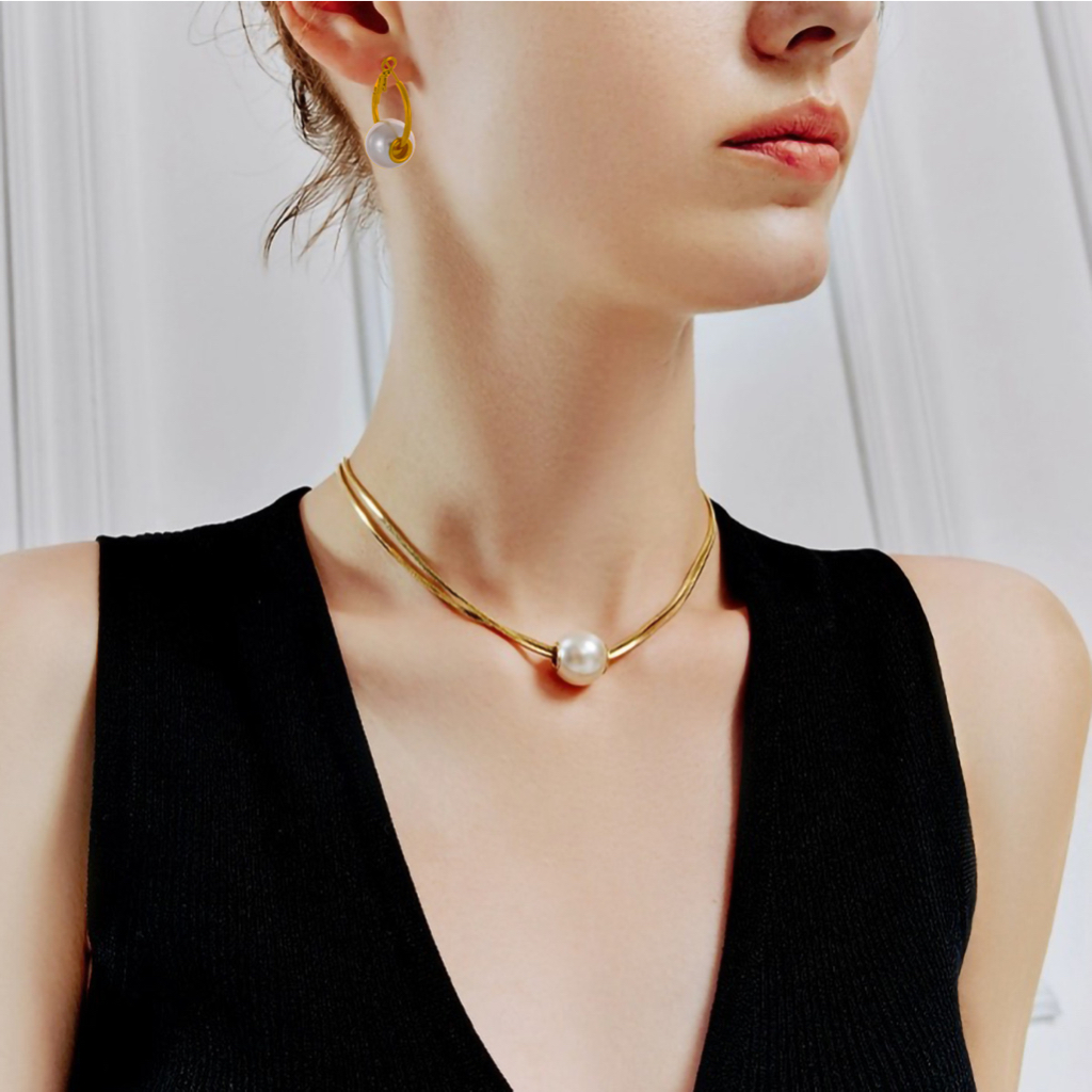 Japanese Korean Style Double-Layer Square Snake Chain Large Round Pearl ...