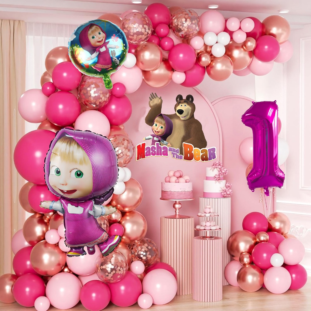 Masha and The Bear Theme Hot Pink Metal Golden Confetti Balloon with ...