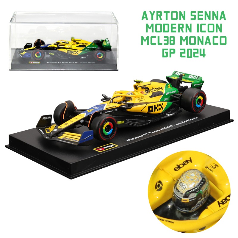 Bburago 1:43 2024 F1 Mclaren MCL38 Monaco Grand Prix Ayrton Senna Modern Icon #4 Lando Norris ...