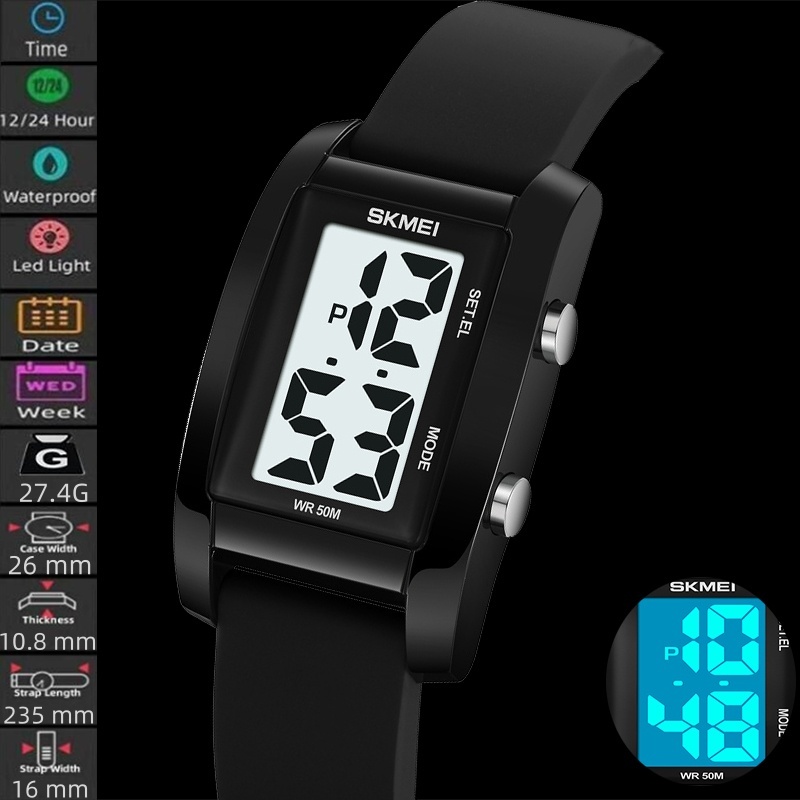 Skmei Digital Waterproof Watches for Womens LED Light Silicone Strap 12 ...