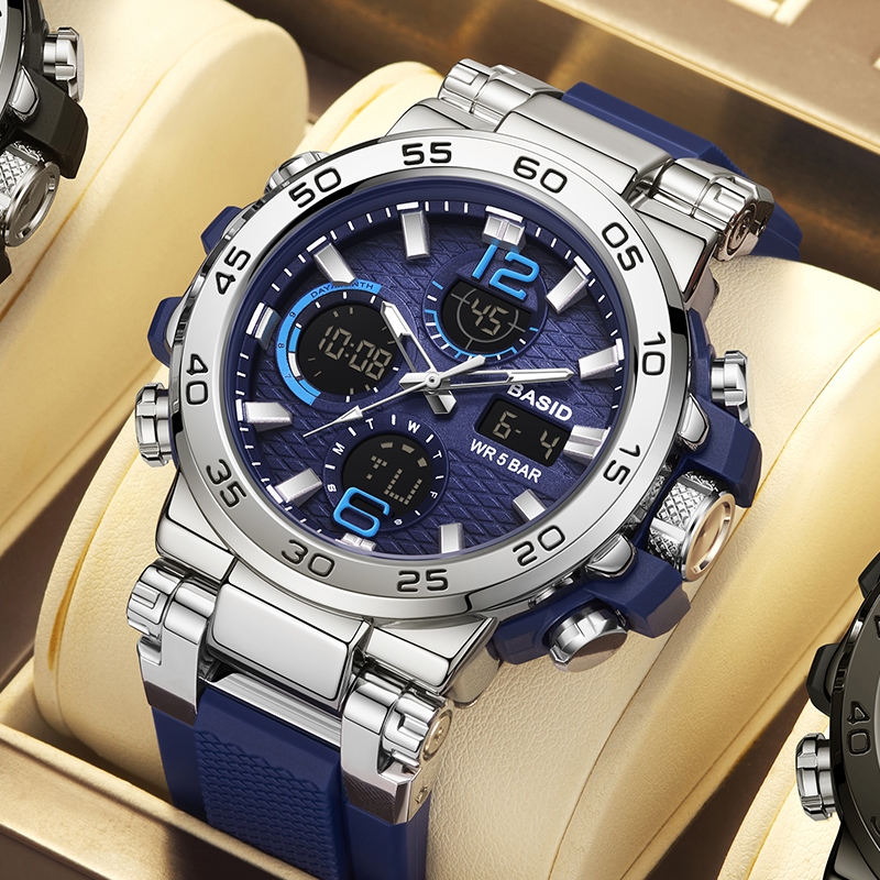 BASID 2405 Men Watch Sports Fitness Dual Display Wristwatches LED ...