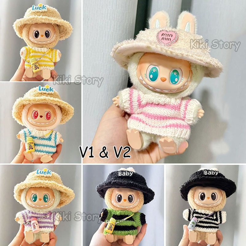 New Labubu V1 V2 Clothes Pink Stripe Sweater White Hat 17CM LABUBU ...