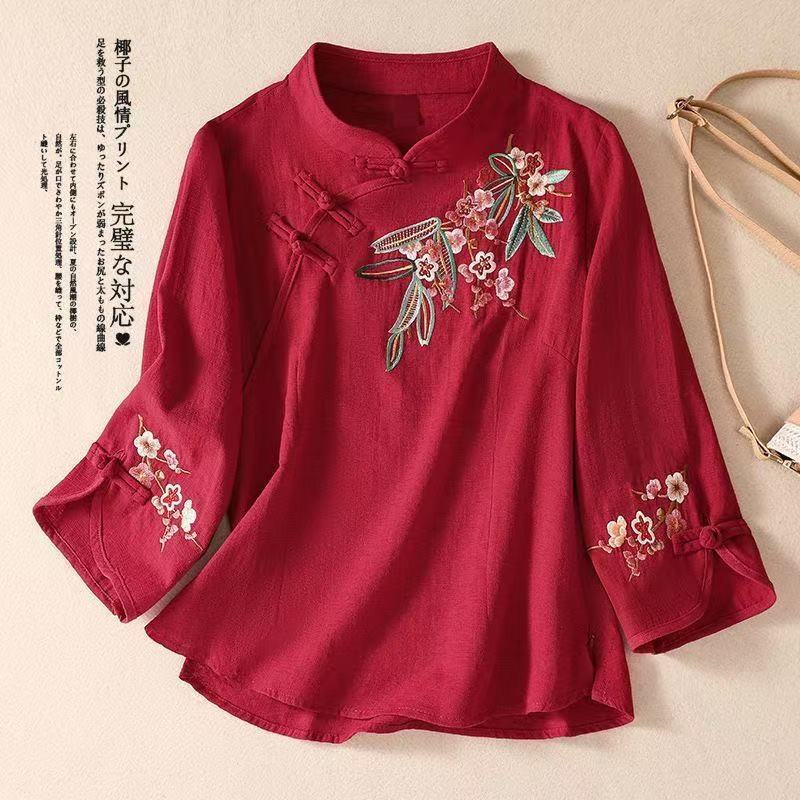 Women Chinese Style Cotton New Retro Shirt Cheongsam Buckle Embroidery ...