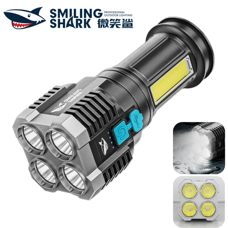 Smiling Shark 863 Flashlight Super Bright 4*LED USB Rechargeable Torch Light 4Mode With COB Side ...