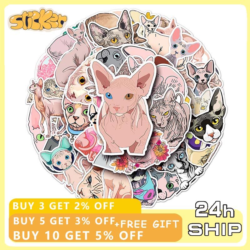 50PCS Cute Sphynx Cat Animal Stickers Kids Toys DIY Scrapbook Laptop ...
