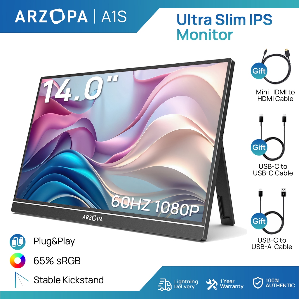 ARZOPA 14" A1S Portable Laptop Monitor FHD 1080P External Display with ...