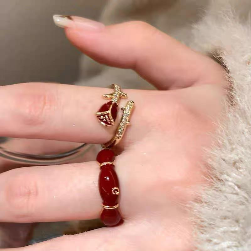 French Red Rose Flower Ring Temperament Oil Drip Stacking Adjustable ...