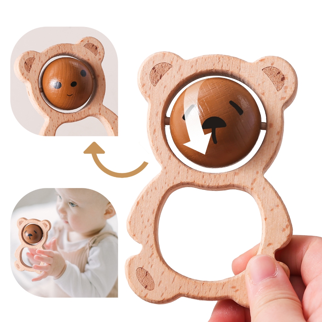 Montessori Wooden Hand Bell Rattle Grasping Toys Sound Musical Bear ...