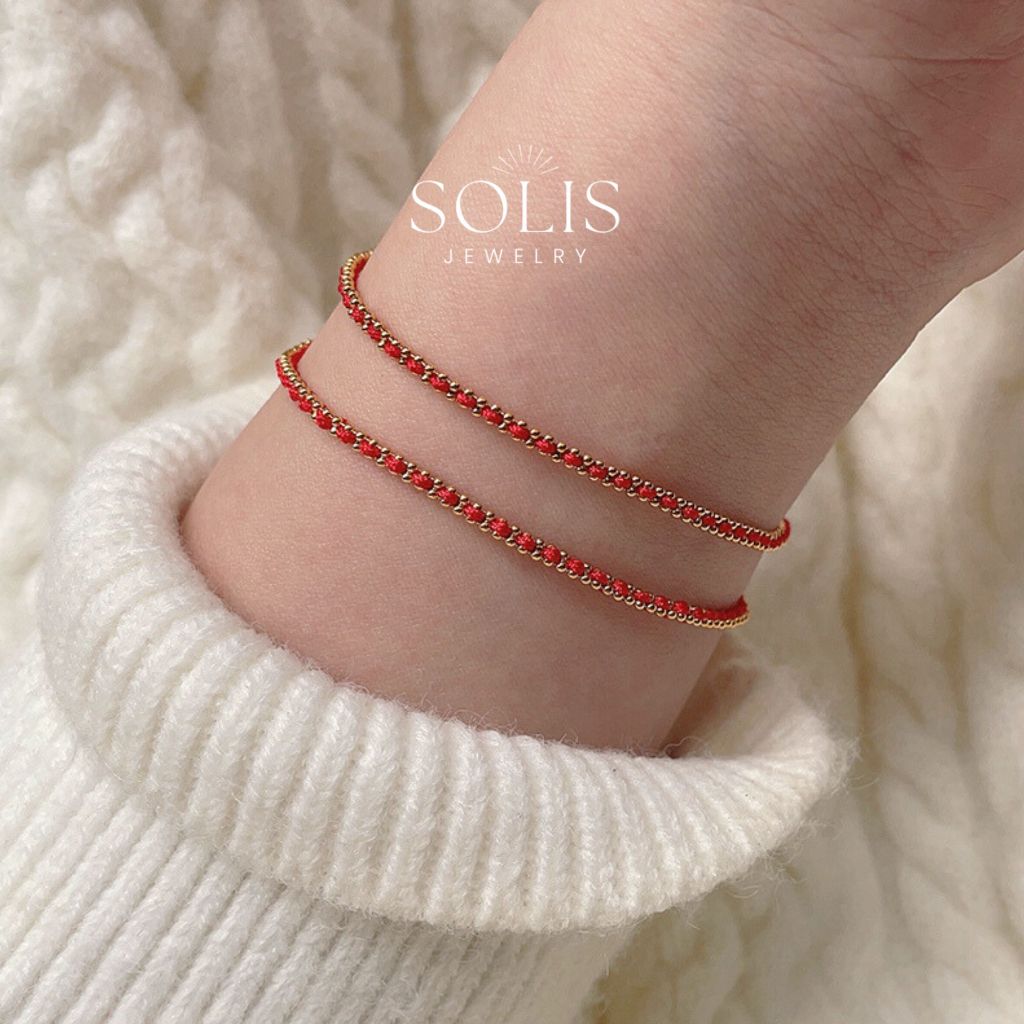 Red Rope String Gold Beaded Chain Bracelet • 18K Gold Plated Waterproof ...