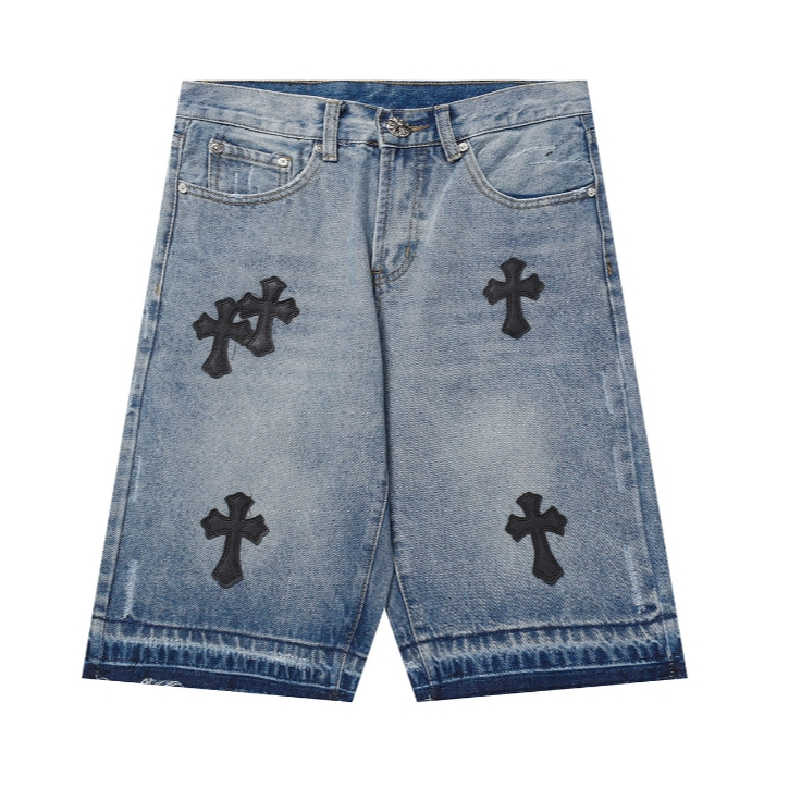 High Street Washed Shorts Cross Embroidered Worn Out Men's and Women's ...