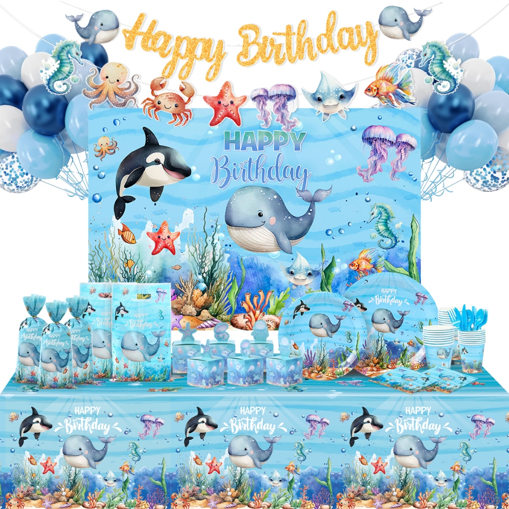Ocean Theme Birthday Decoration Set Cartoon Sea Animal Happy Bithday ...