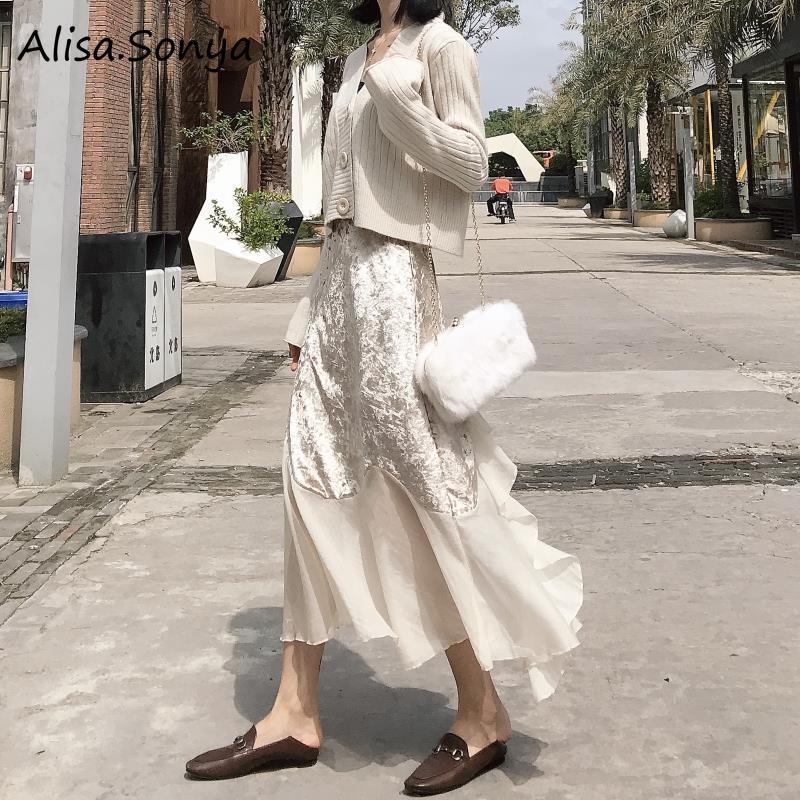 Alisa.sonya Velvet Chiffon Stitching Skirt High Waist Autumn Winter ...