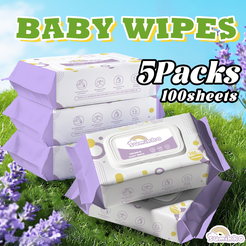 Sumikko 5 Packs x 100 Sheet No-Alcohol Gentle Baby Wet Wipes Disposable ...