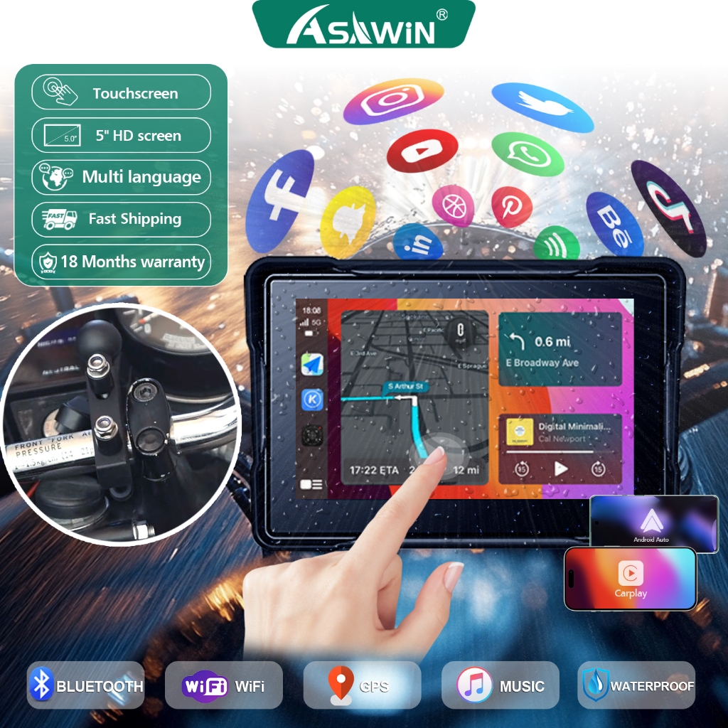 Motorcycle Wireless Apple CarPlay Android Auto 5 Inch IPS Touch Screen ...