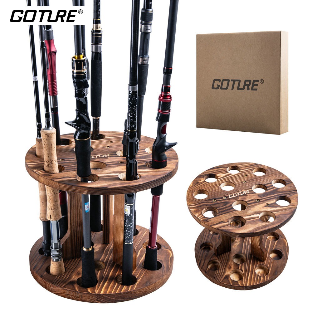 Goture 12 Slots Round Vertical Fishing Rods Holder Wood Display Rack ...