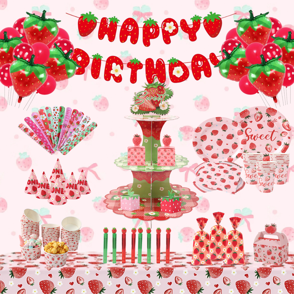 Sweet Strawberry Happy Birthday Banner Strawberry Balloon Red Candy Bag ...