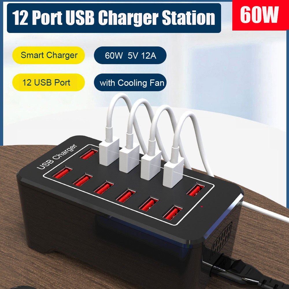 12 Port 60W USB Charger Station Multi USB Port Charge Hub Fast Charging ...