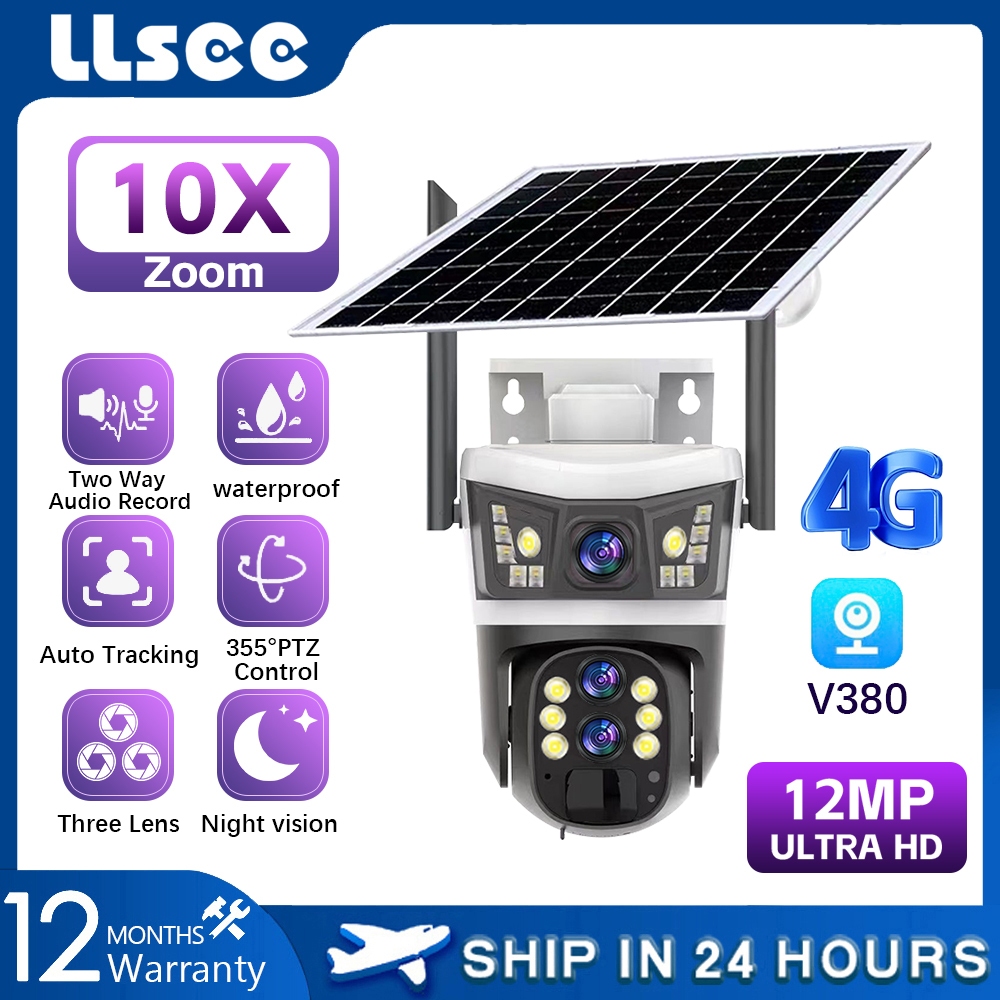 LLSEE 3 lens 12MP 6K V380 pro CCTV outdoor solar security camera wireless 4G SIM card 10x ...