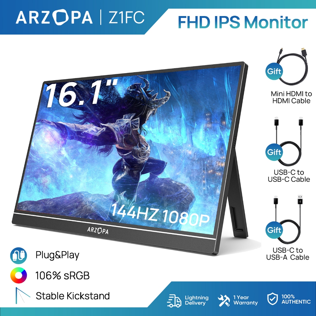 ARZOPA-Z1FC, 16.1'' 144Hz Portable Gaming Monitor, 100% sRGB, 1080P HDR ...