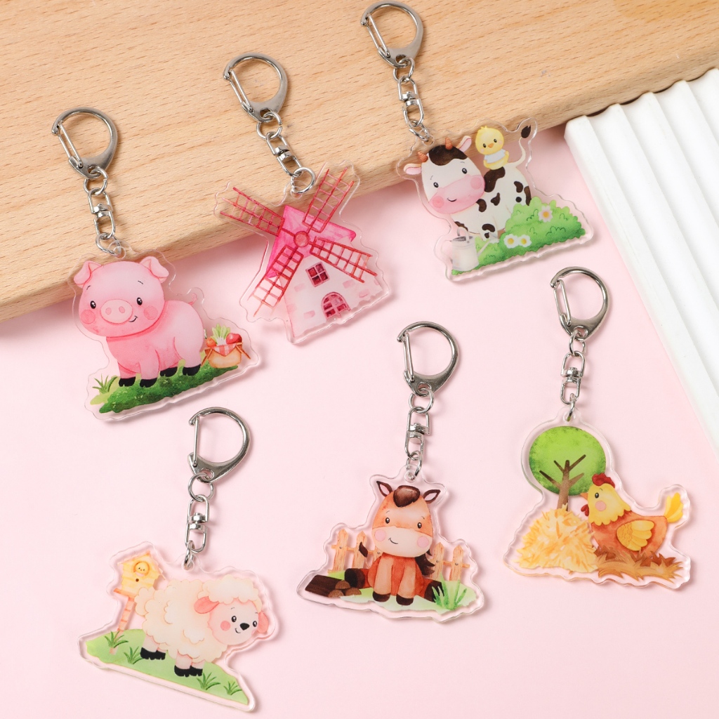 6pcs Acrylic Farm Animal Keychain For Kids Cartoon Cow Sheep Key Chain ...