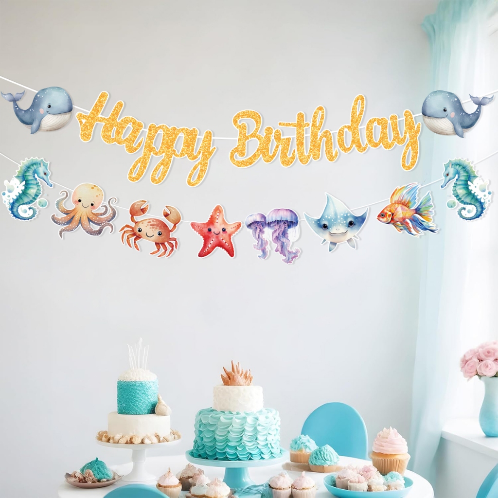 Ocean Theme Birthday Party Banner Party Supplies Cartoon Sea Animals ...