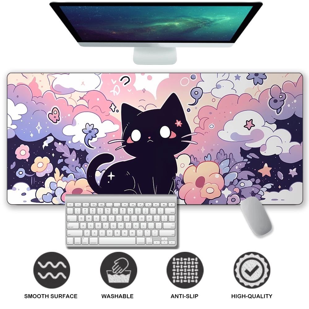 Cute Black Cat Desk Mat, Cartoon Cat Non Slip Mouse Pad Extended ...