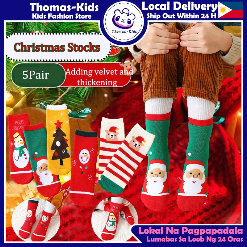 [THOMAS KIDS] 5 Pairs Kids Christmas Stocks Plush Thick Santa Elk ...
