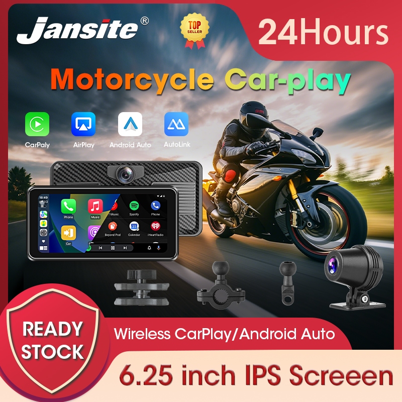 Jansite 6 inch Portable Motorcycle Navigator IPX7 Waterproof Wireless Apple CarPlay Front and ...