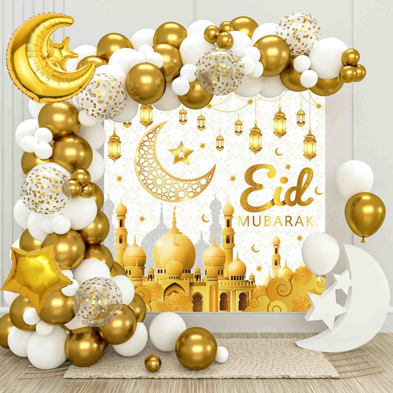 94pcs White Gold Eid Mubarak Backdrop Moon Star Aluminum Foil Balloon ...