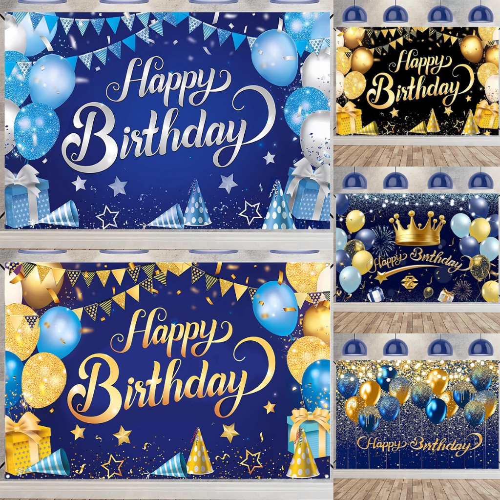 150*100cm Blue Silver Happy Birthday Backdrop Polyester Star Balloon Pattern Happy Birthday ...