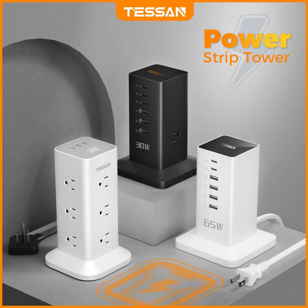 TESSAN Flat Plug Power Strip Extension Cord with USB Type C ,Extension ...