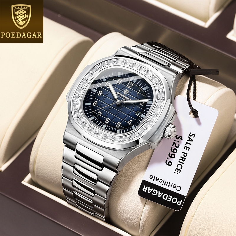 POEDAGAR square watch for men waterproof original new stainless steel ...