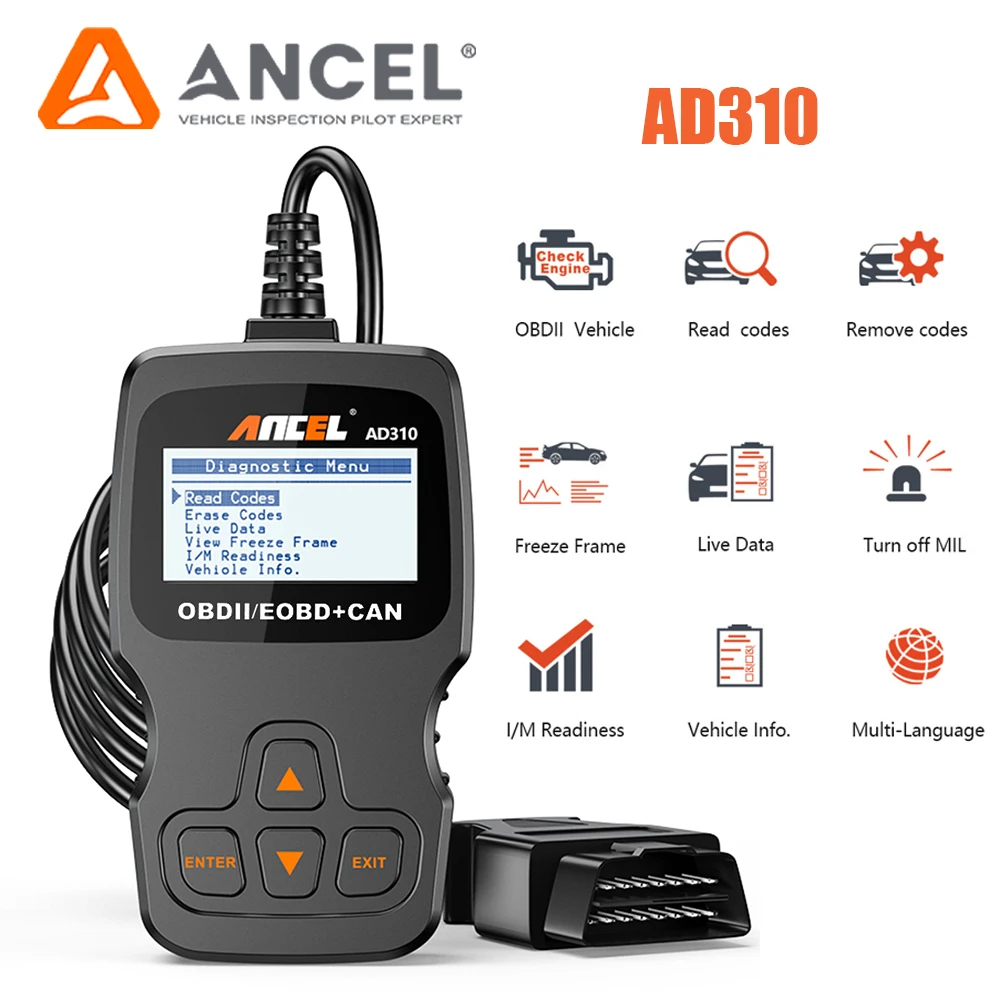 ANCEL AD310 12V Automotive Basic OBD2 Scanner Turn Off Engine Light ...