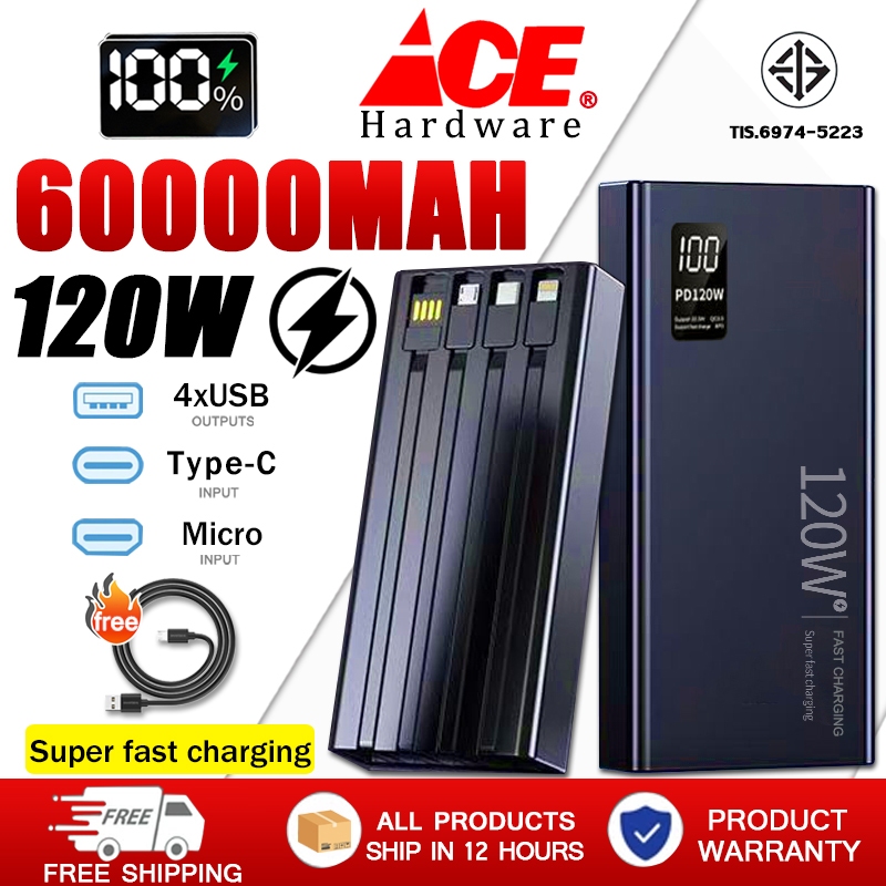 【120W Built-in 4 Cables】ACE Power Bank 60000mah Fast Charging Powerbank ...