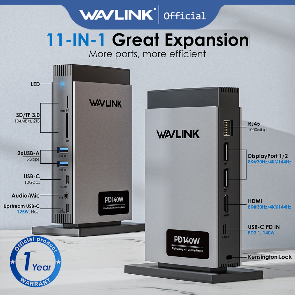 Wavlink PD3.1 Triple Display USB C Docking Station with 140W Power, Triple Display Dock with 8K ...