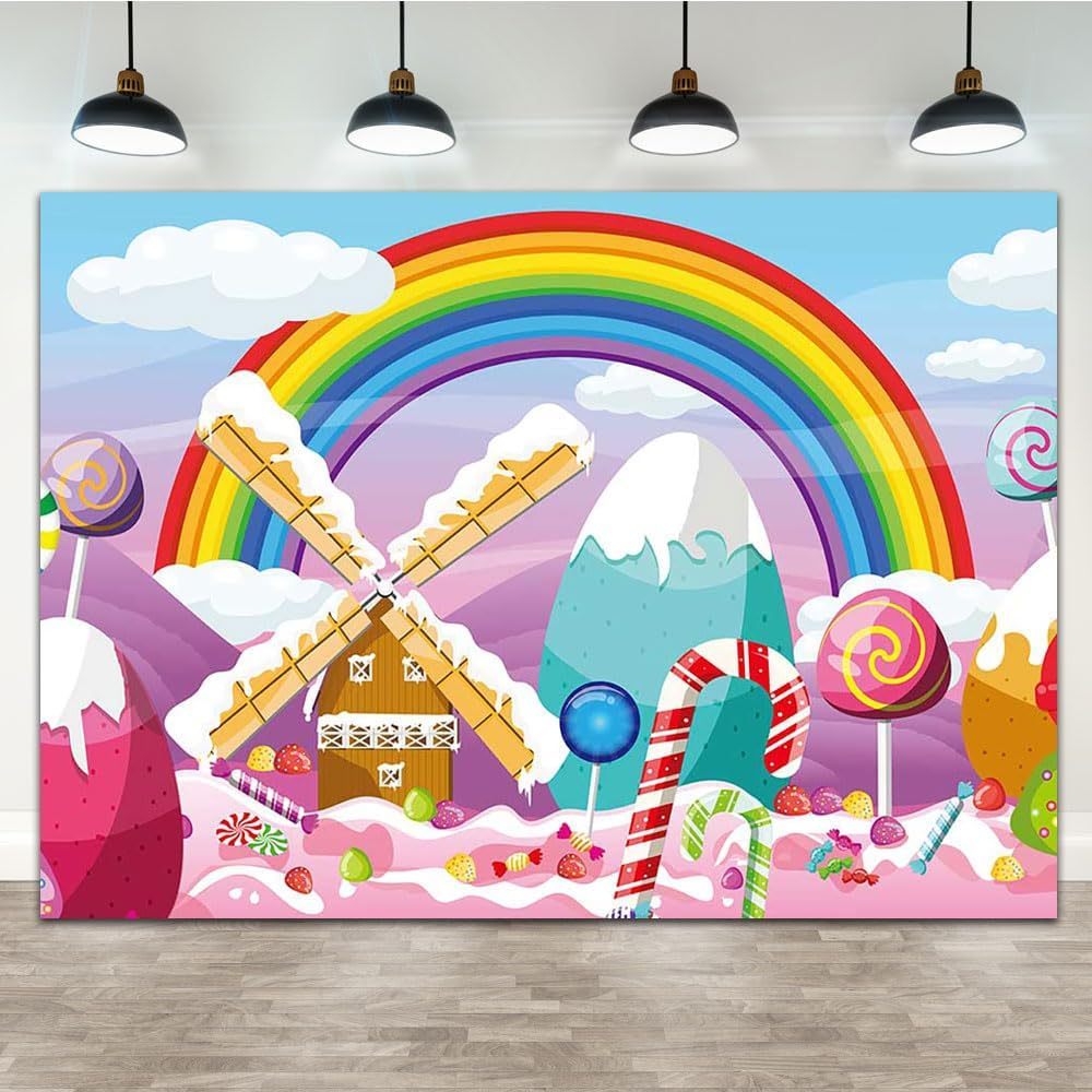 Winter Cartoon Candyland Backdrop,Lollipop Rainbow Snow Theme Birthday ...
