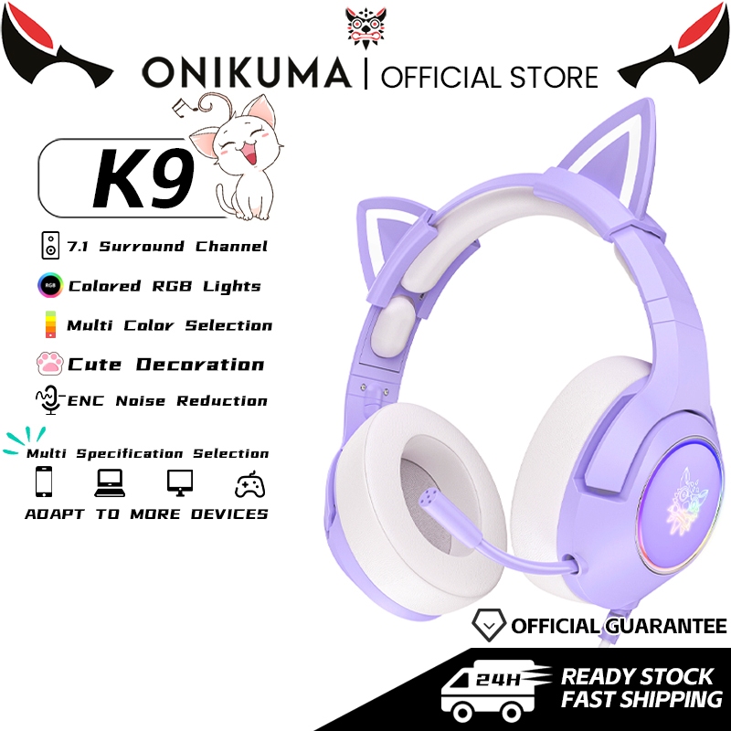 ONIKUMA K9 Cat Ear Headsets Pink Cute RGB Lights Wired Microphone Noise ...