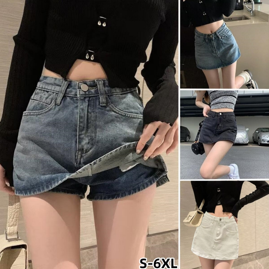 Plus Size S-6XL Korean High Waist A-line Denim Skort Skirt Fashion Mini ...