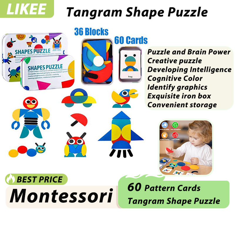 Montessori Brain Teaser Tangram Shape Puzzle Set Color Sorting Stacking ...